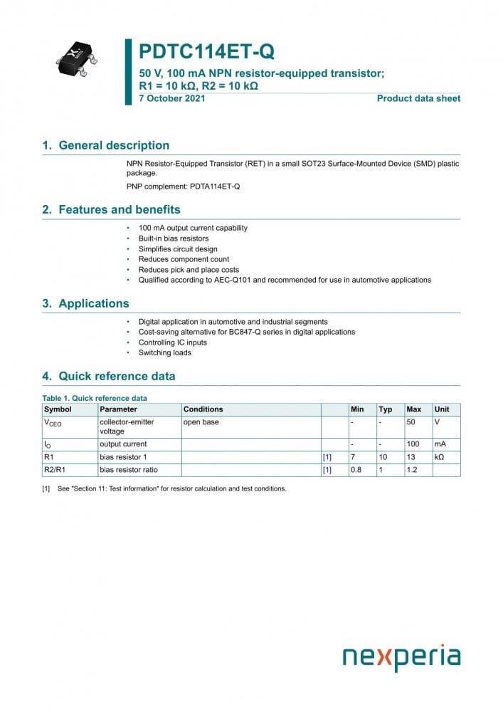 PDTC114ET-QR datasheet page 1