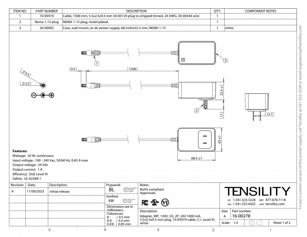 Tensility International 16-00278 specification drawing, page 1
