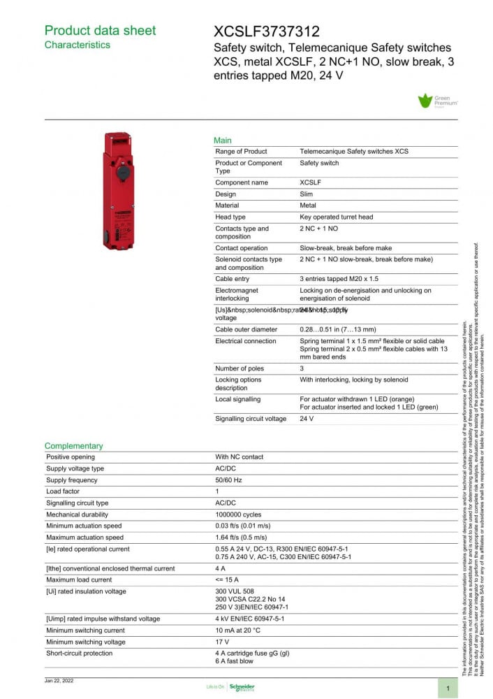 XCSLF3737312 technical document page 1