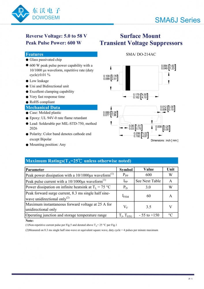 SMA6J series datasheet page 1