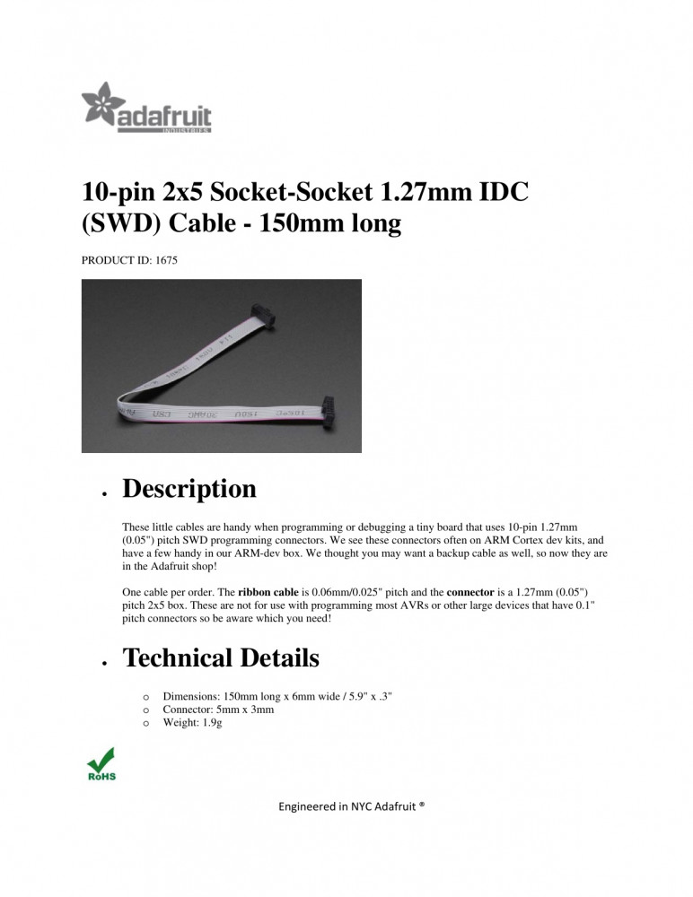 Adafruit 1675 10-pin 1.27mm SWD cable technical reference image