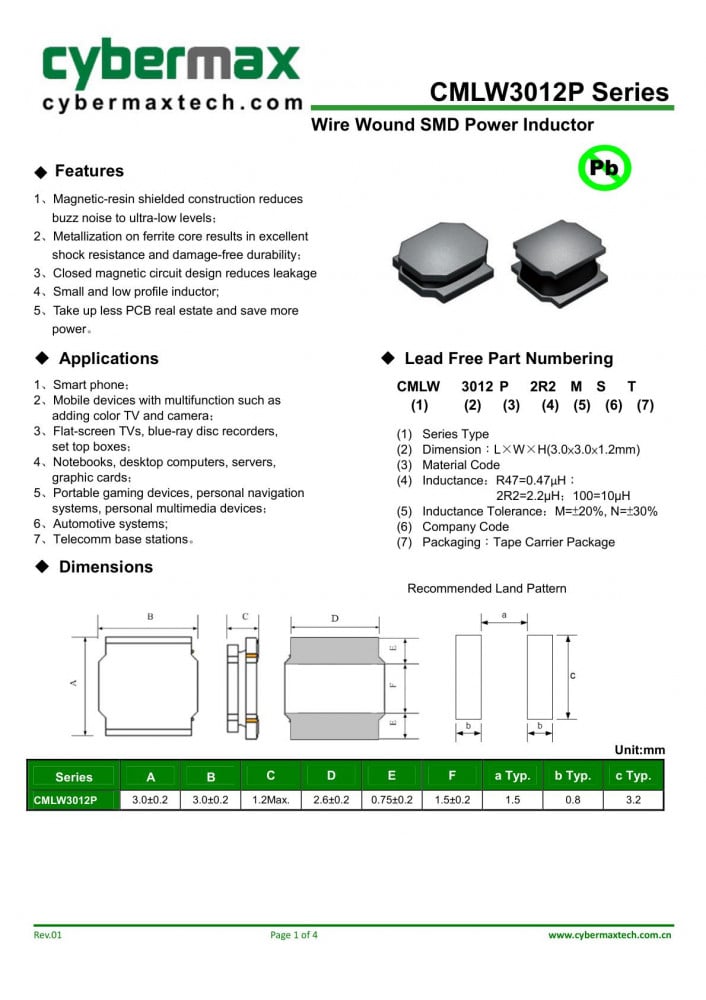 Cybermax CMLW3012P series datasheet page 1