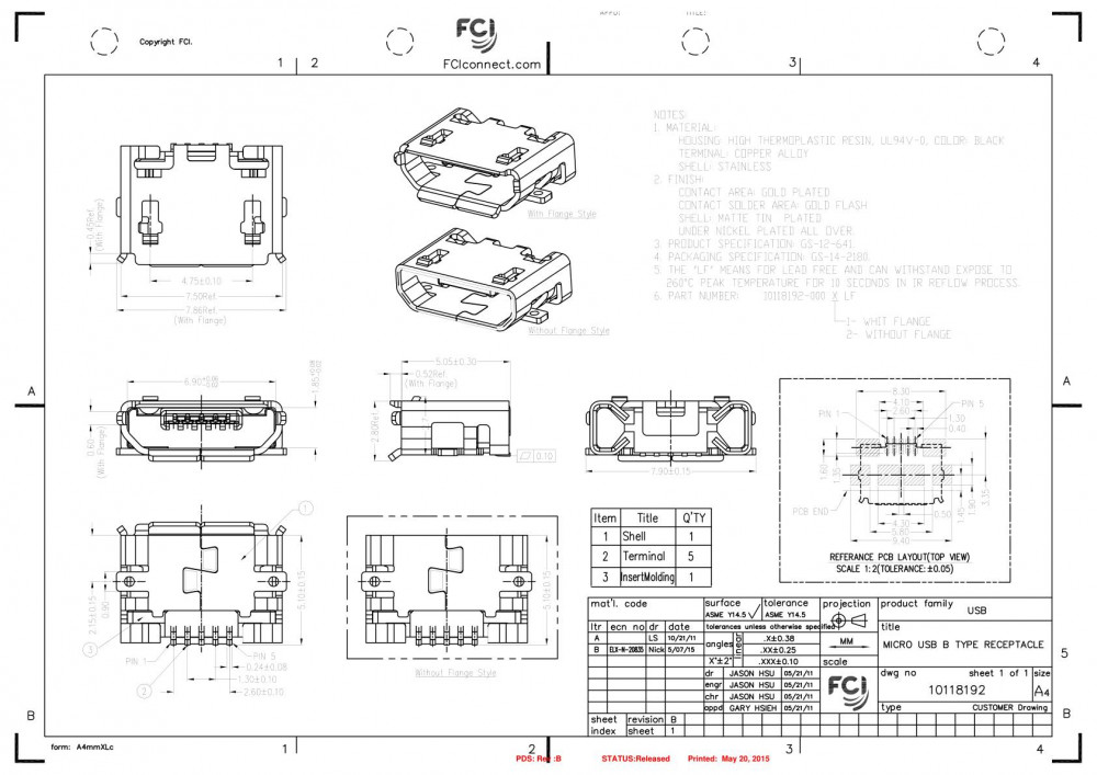 10118192 Micro USB Type-B receptacle technical drawing, page 1