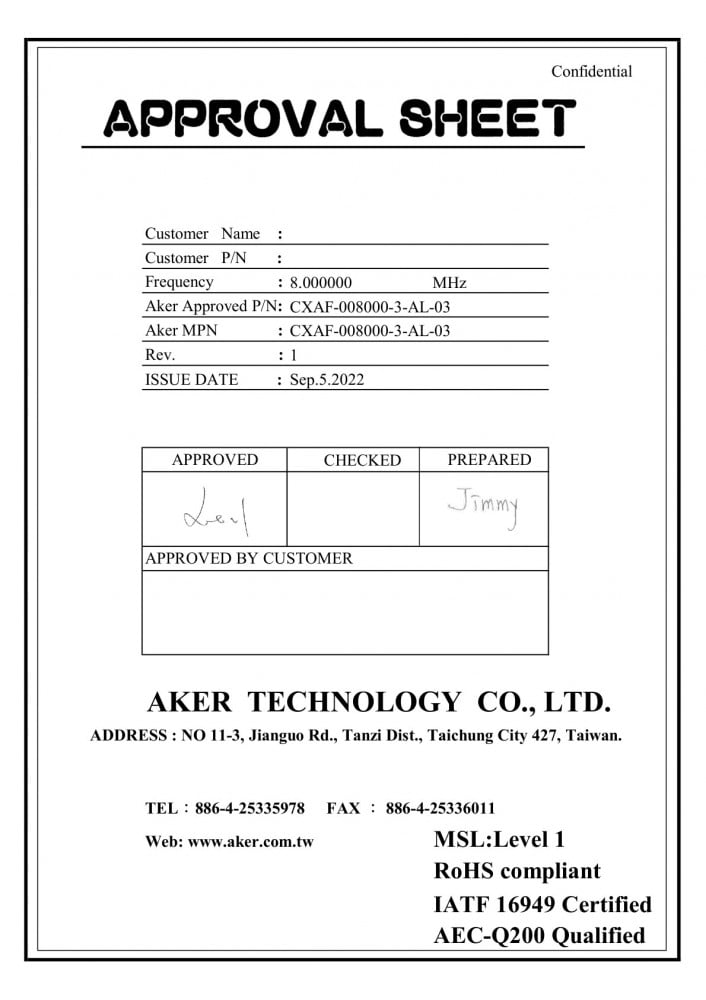 AKER CXAF-008000-3-AL-03 approval sheet page 1