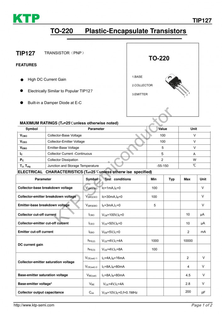TIP127 datasheet page 1