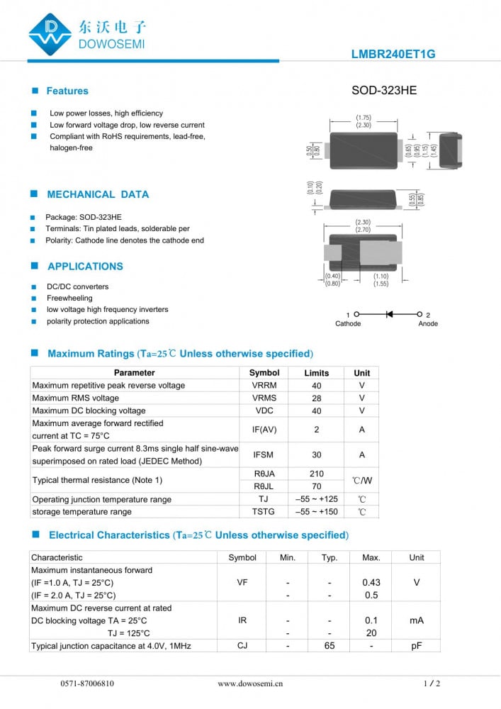 LMBR240ET1G datasheet page 1