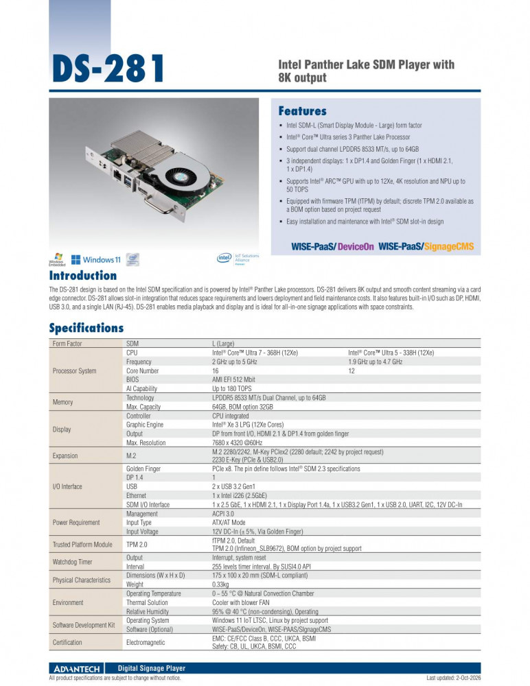 ADVANTECH DS-281 product document, page 1