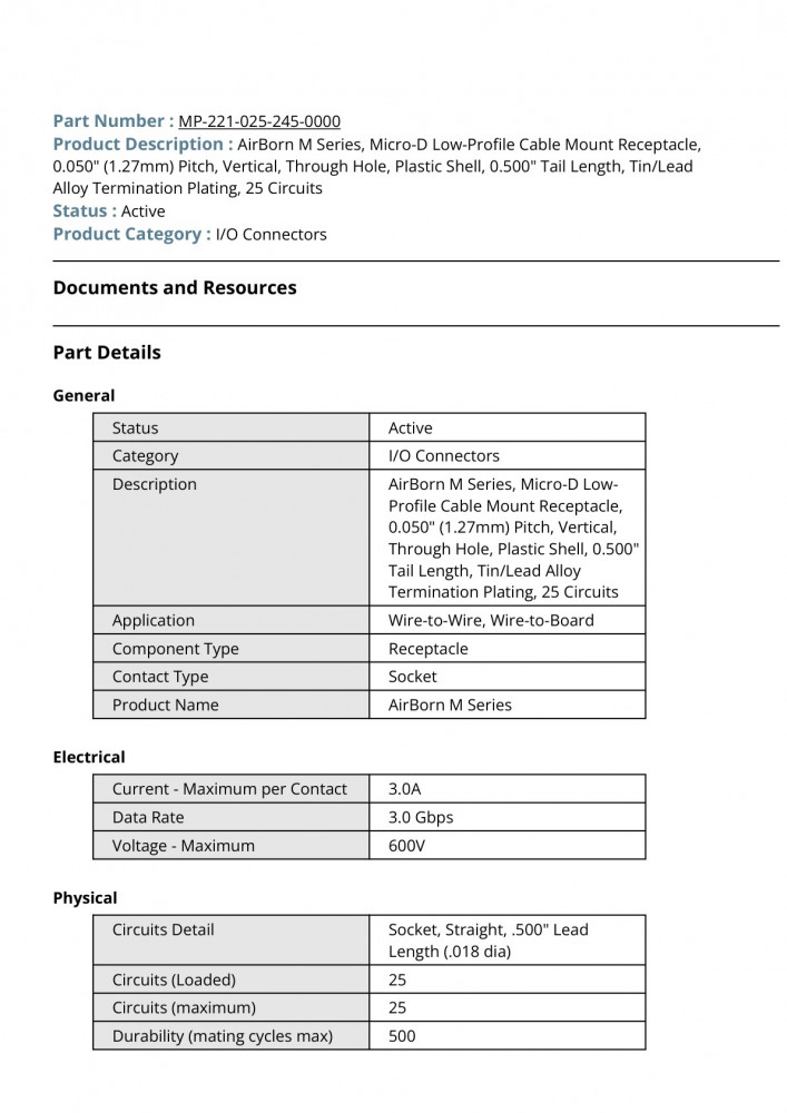 MP-221-025-245-0000 technical document page 1