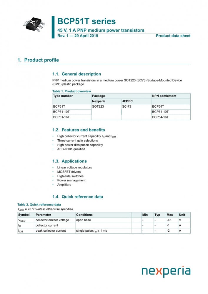 BCP51TF datasheet page 1