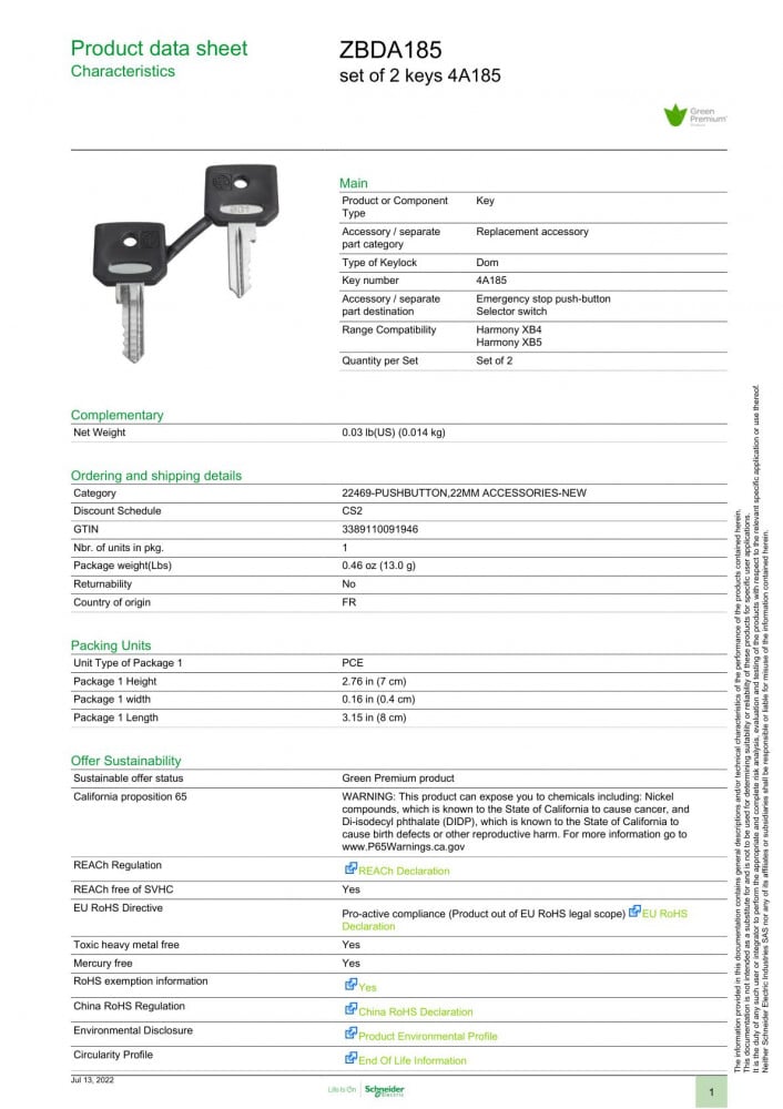 ZBDA185 technical document page 1