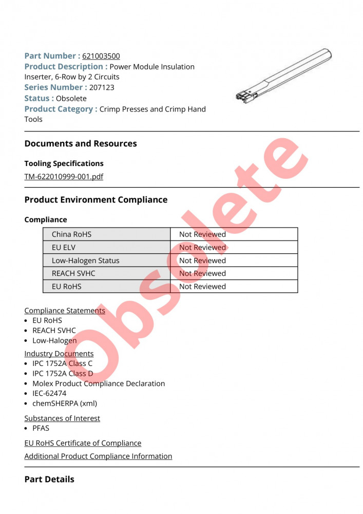 Technical document preview, page 1 for MOLEX 621003500