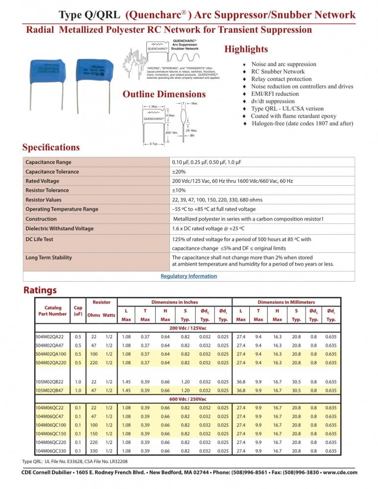 Cornell Dubilier Type Q and QRL datasheet page 1