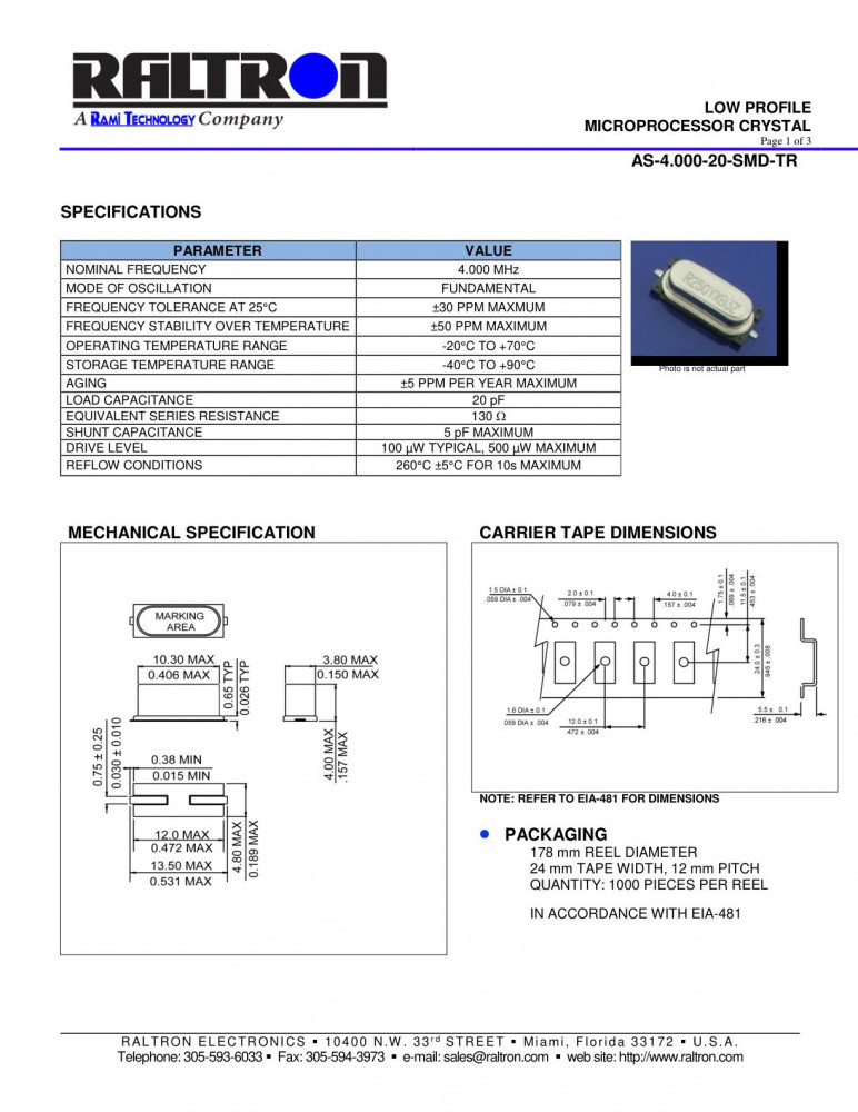 Raltron AS-4.000-20-SMD-TR technical document page 1