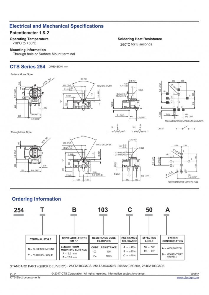 CTS 254 series dimensions and ordering information