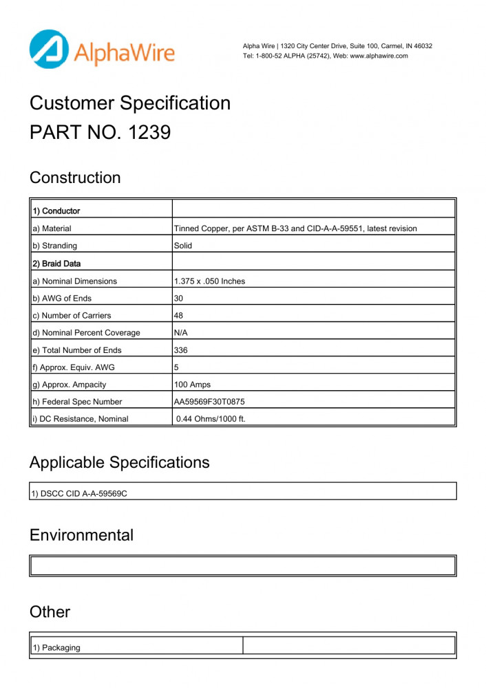 Alpha Wire 1239 SV002 technical specification page 1