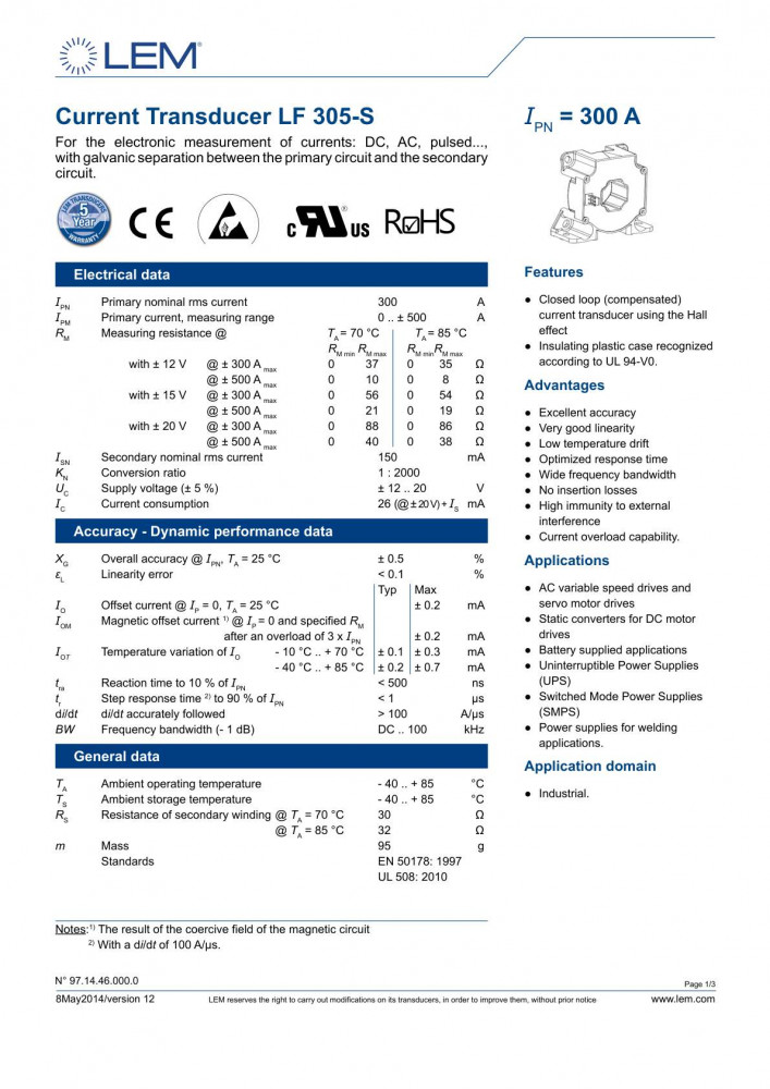 LEM LF305-S datasheet page 1