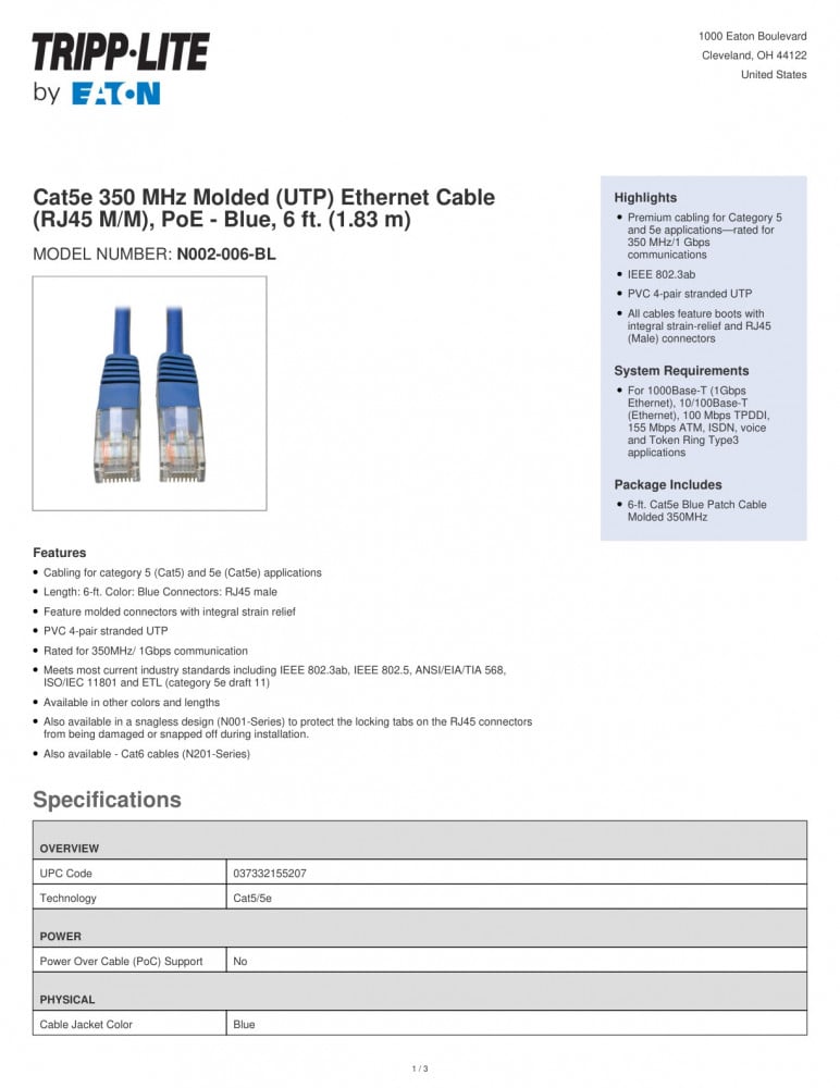 EATON N002-006-BL technical document page 1