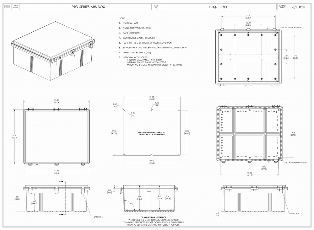 Bud Industries PTQ-11180 enclosure product drawing