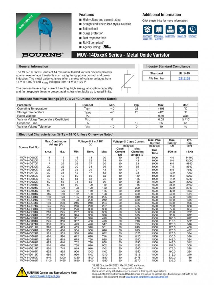 BOURNS MOV-14D series datasheet page 1