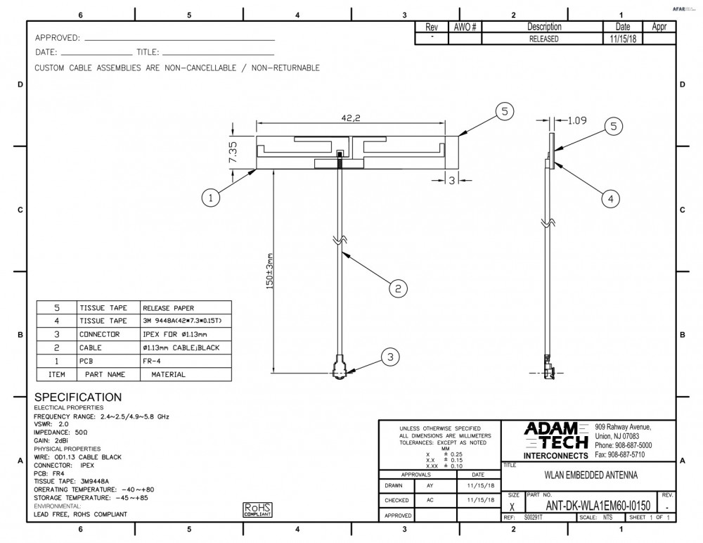 ANT-DK-WLA1EM60-I0150 WLAN embedded antenna drawing