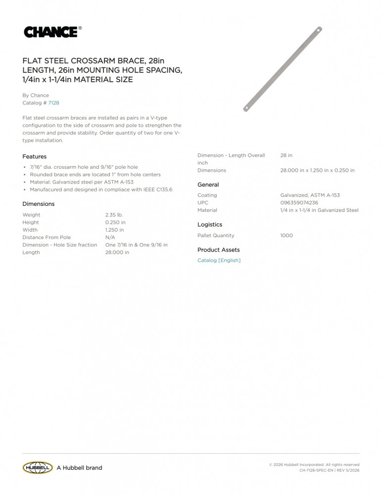 Burndy 7128 flat steel crossarm brace product document image