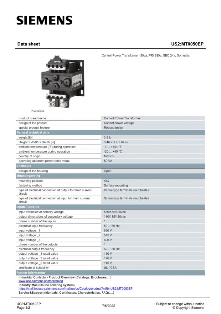 MT0050EP datasheet page 1