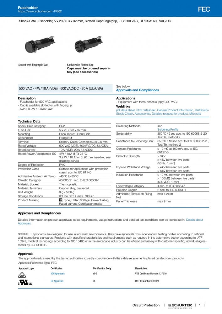 SCHURTER 0031.1622 datasheet page 1