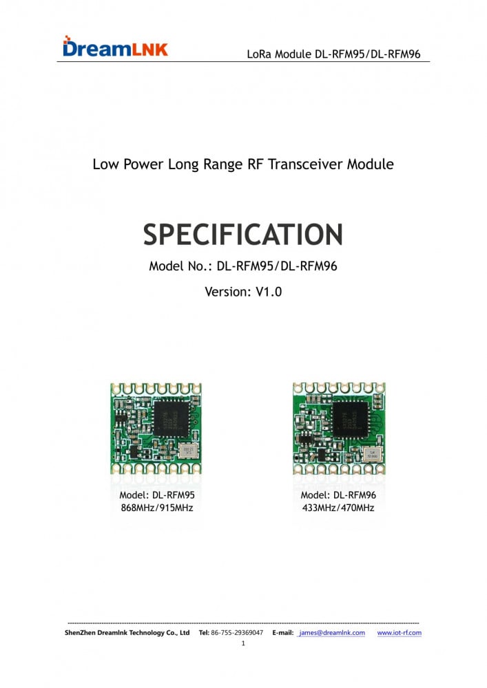 DL-RFM95 datasheet page 1