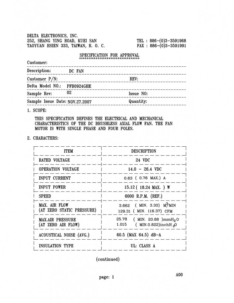 PFB0924GHE specification page 1