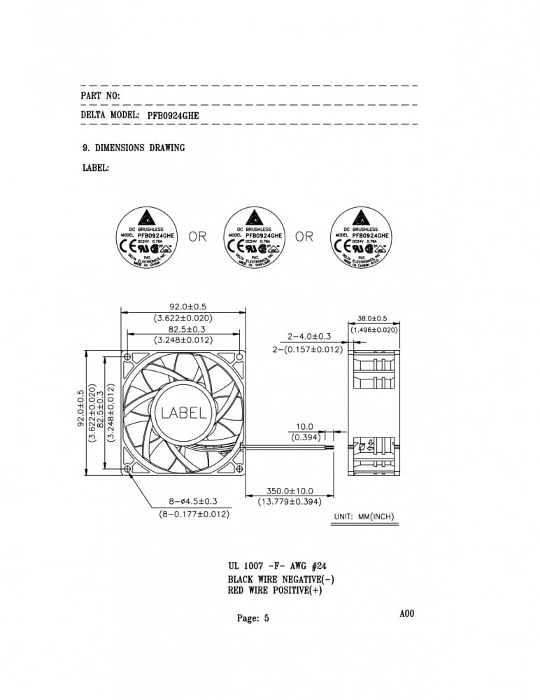 PFB0924GHE dimensions and lead wire page 5