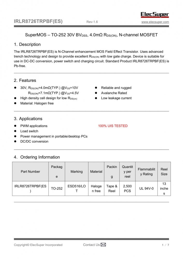 IRLR8726TRPBF(ES) datasheet page 1