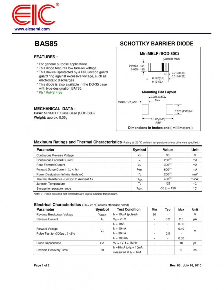 EIC BAS85 datasheet page 1