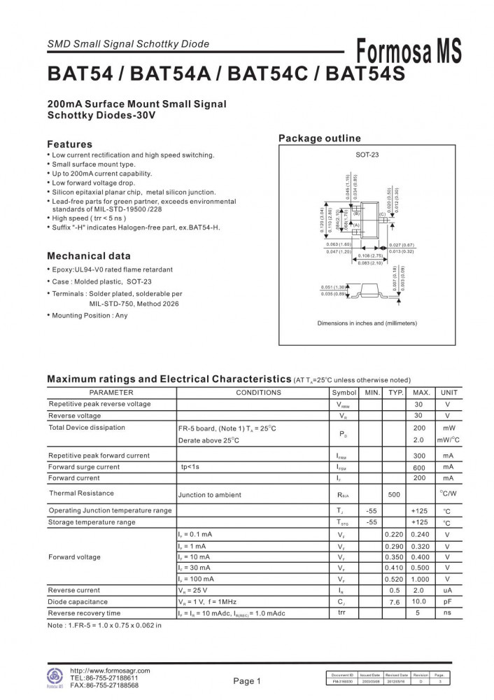 BAT54S datasheet page 1