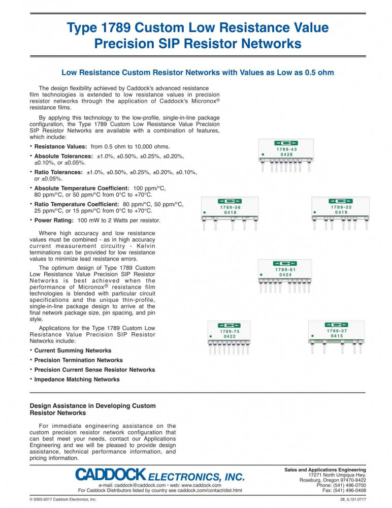 Caddock Type 1789 custom low-resistance precision SIP resistor network document image