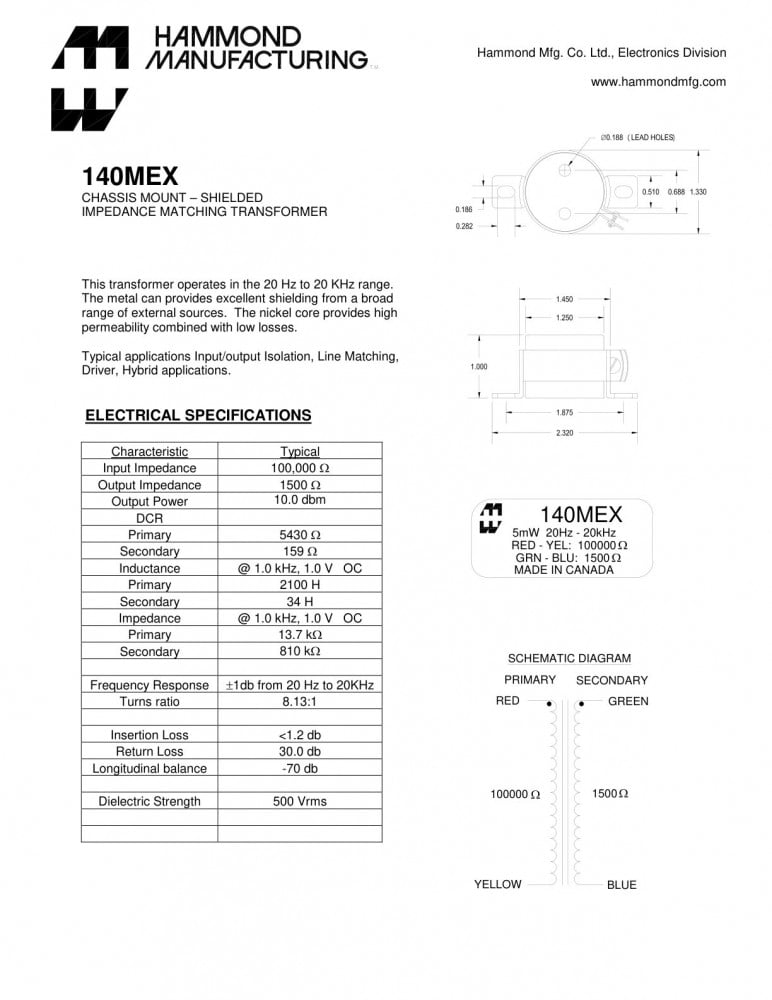 Hammond 140MEX technical document page 1