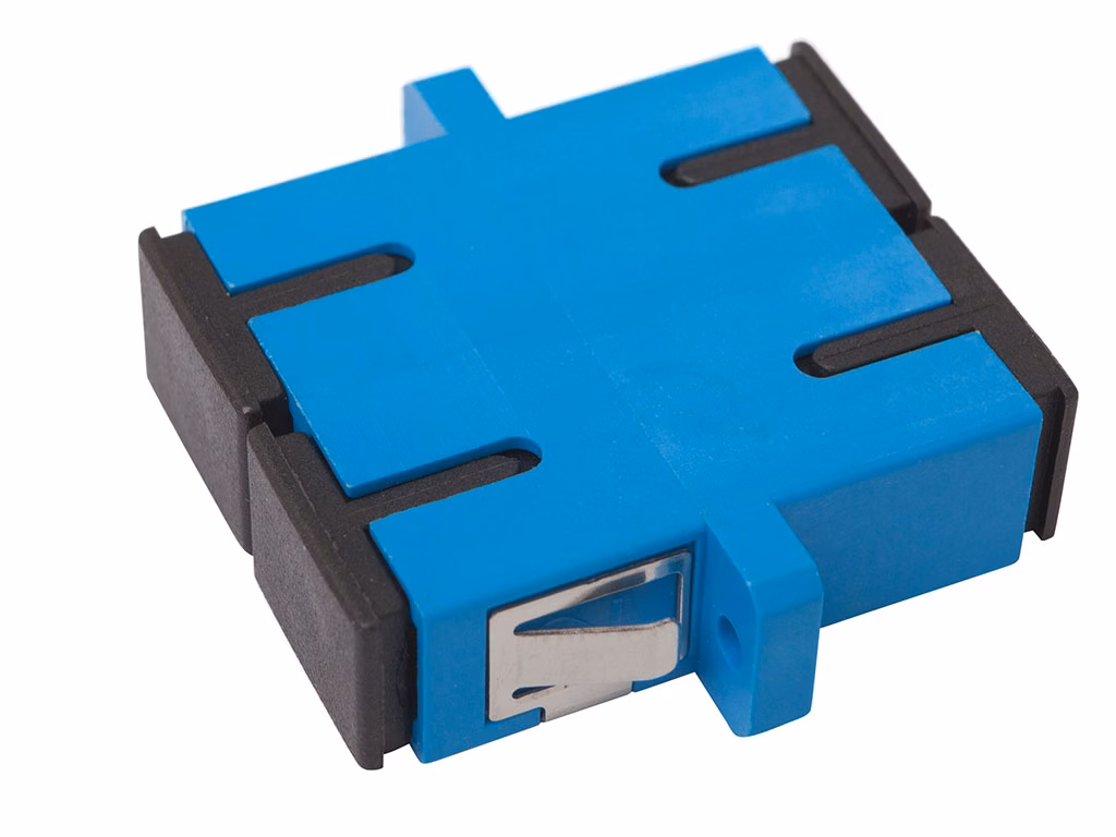 SC/UPC One Body Adapter, Simplex, Singlemode, Blue Body, Ceramic Alignment Sleeve, with Flange, Screw Mount