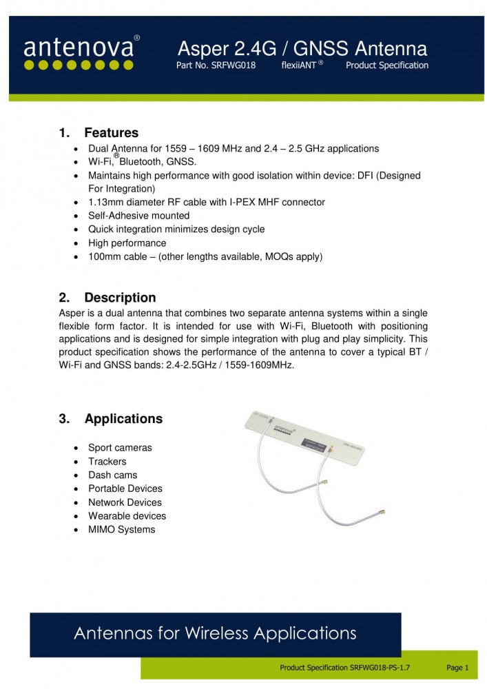 Antenova SRFWG018 specification page 1