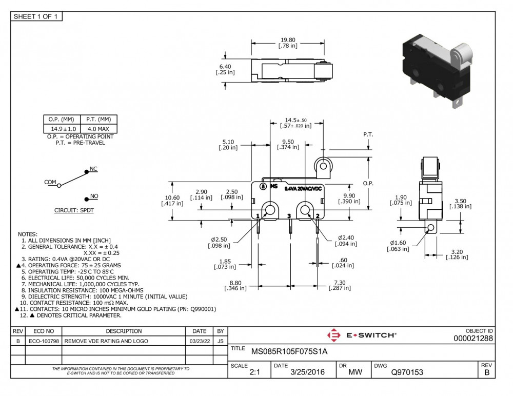 E-Switch MS085R105F075S1A technical drawing