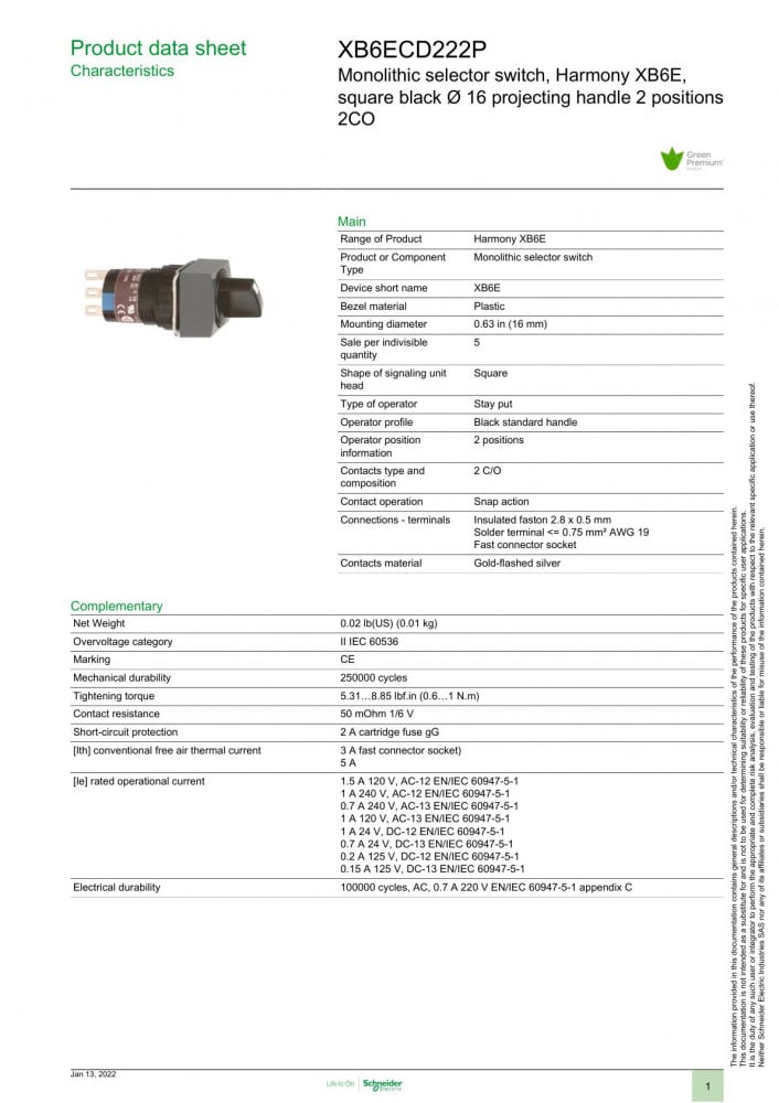 XB6ECD222P technical document page 1