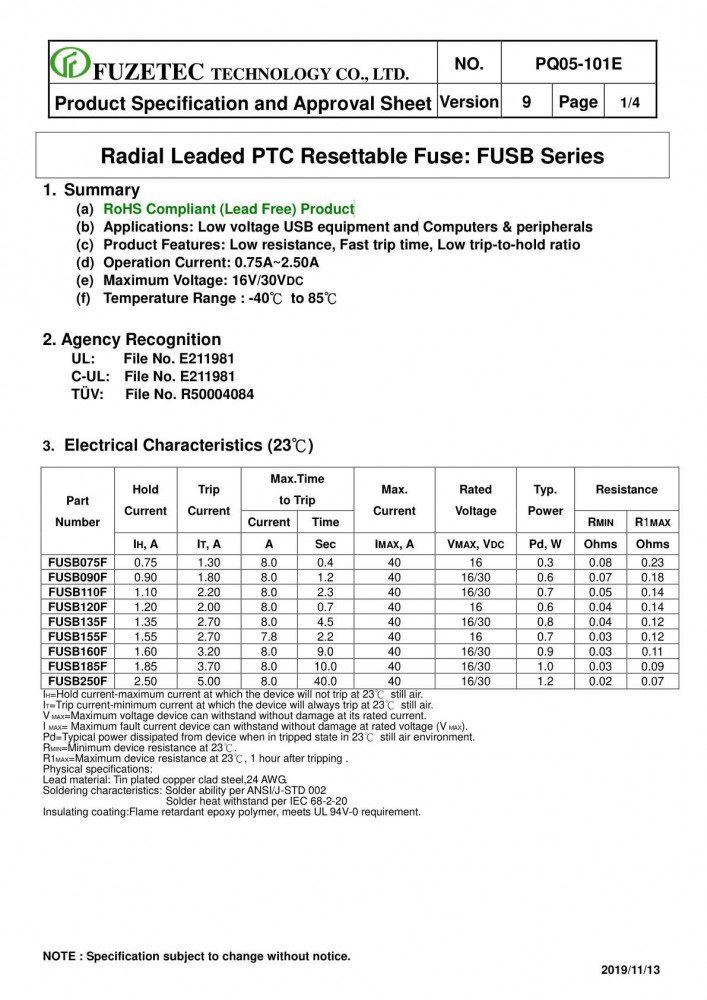 FUZETEC FUSB110F specification sheet page 1