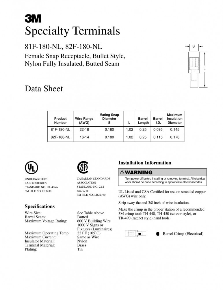 3M 82F-180-NL specialty terminal technical drawing and data sheet