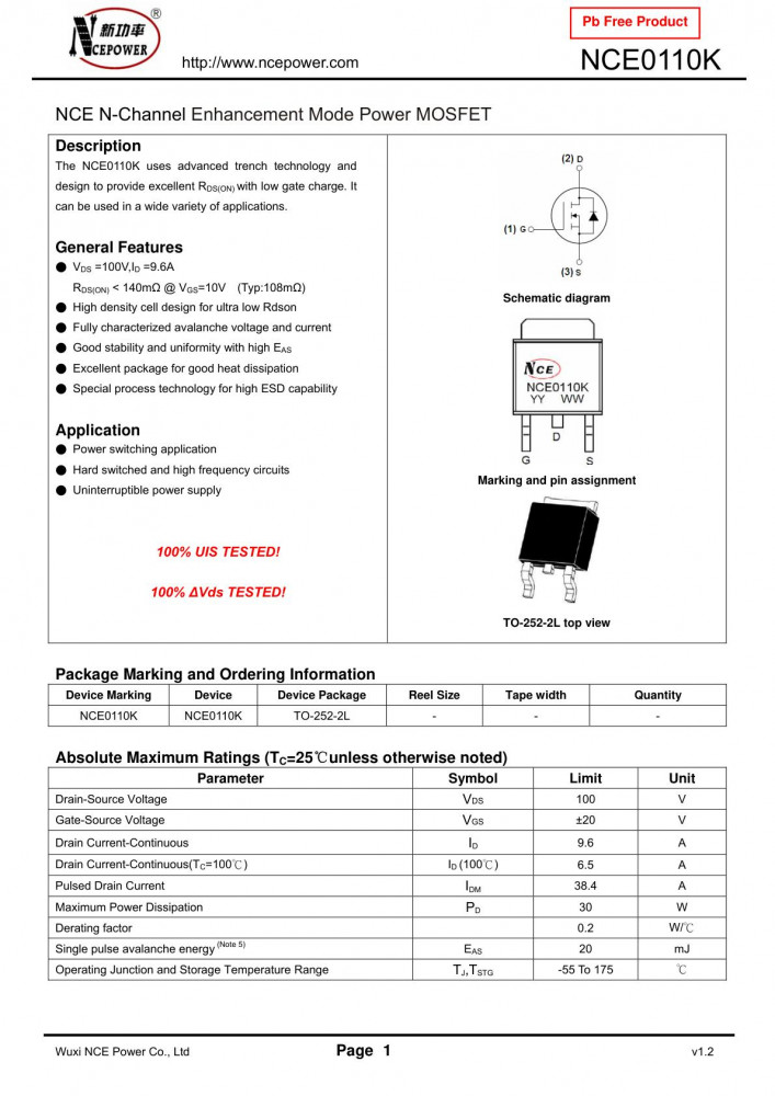 NCE0110K datasheet page 1