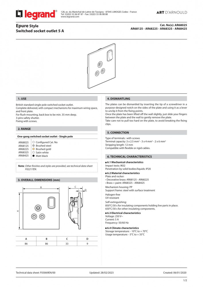 Legrand Epure Style AR68325 technical document, page 1