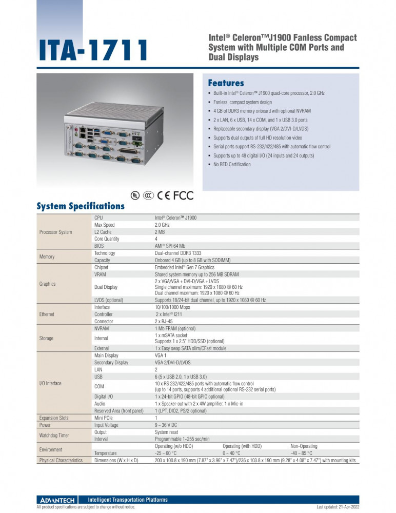 ADVANTECH ITA-1711 technical document page 1