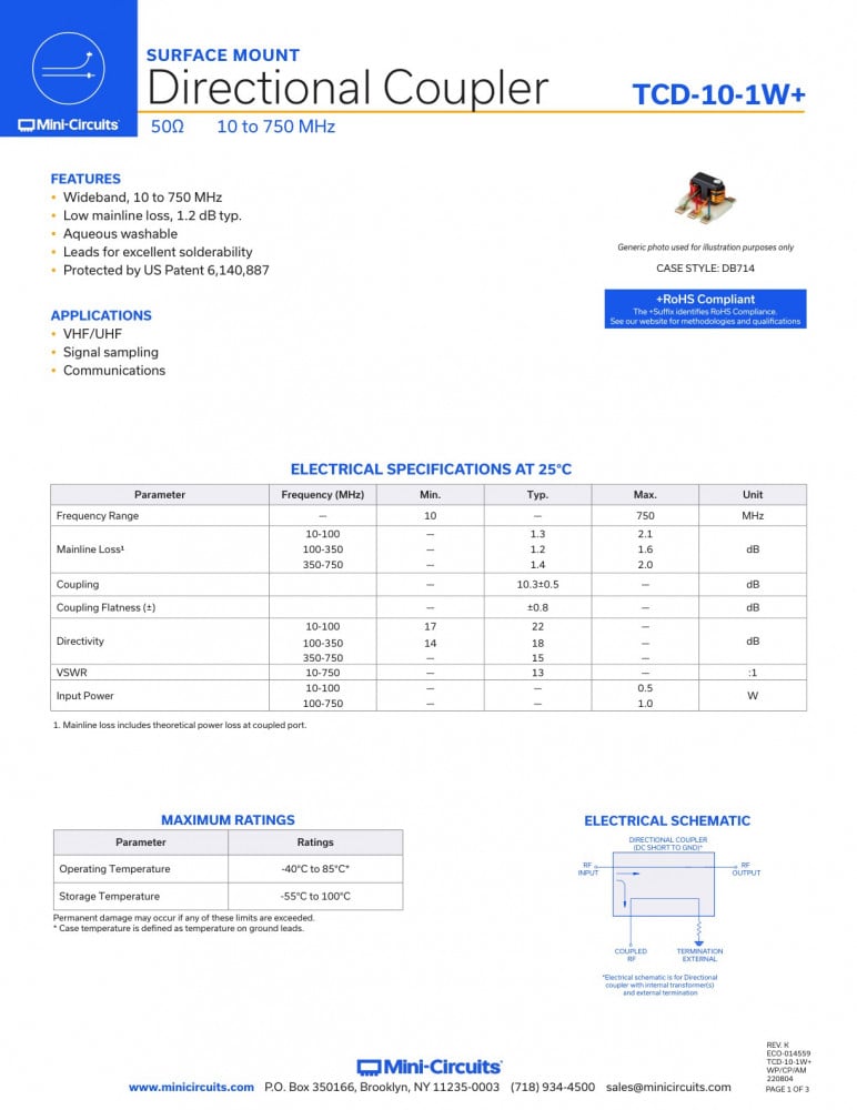 TCD-10-1W+ product specification page