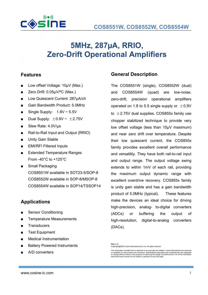 COS8552W datasheet page 1