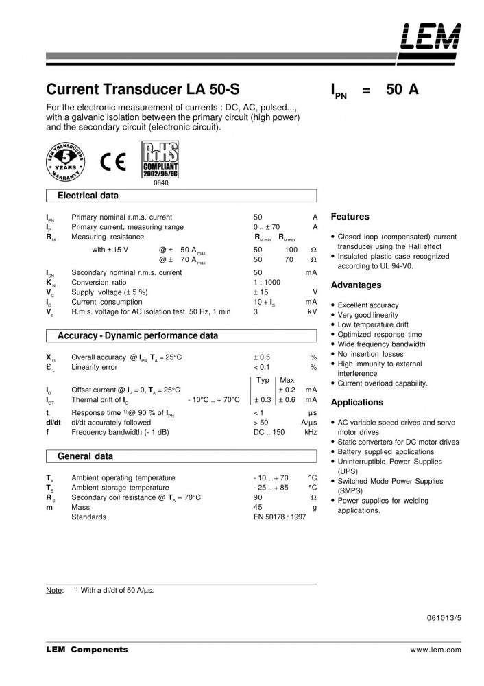 LEM LA 50-S datasheet page 1