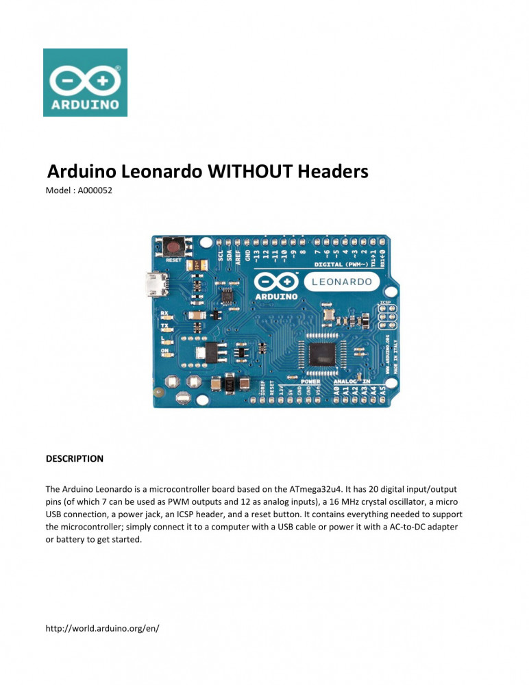 Arduino Leonardo A000052 technical document preview