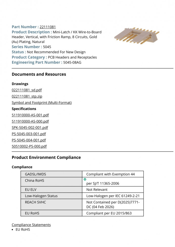MOLEX 22111081 technical document page 1