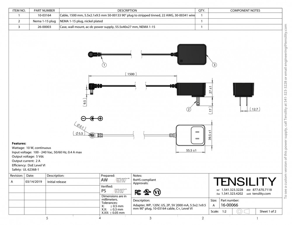 Tensility 16-00066 specification document, page 1